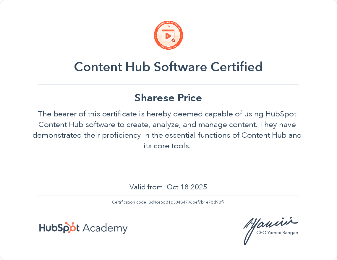 HubSpot Academy Content Hub Software Certification Certification