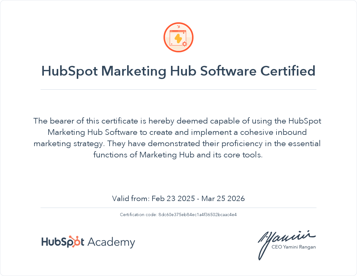 HubSpot Academy HubSpot Marketing Hub Software Certification