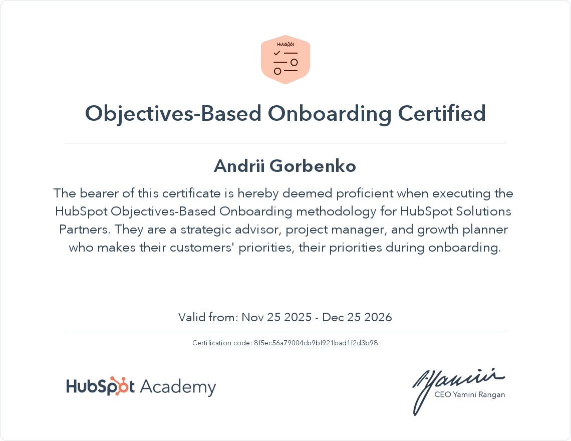 HubSpot Academy Objectives-Based Onboarding Certification