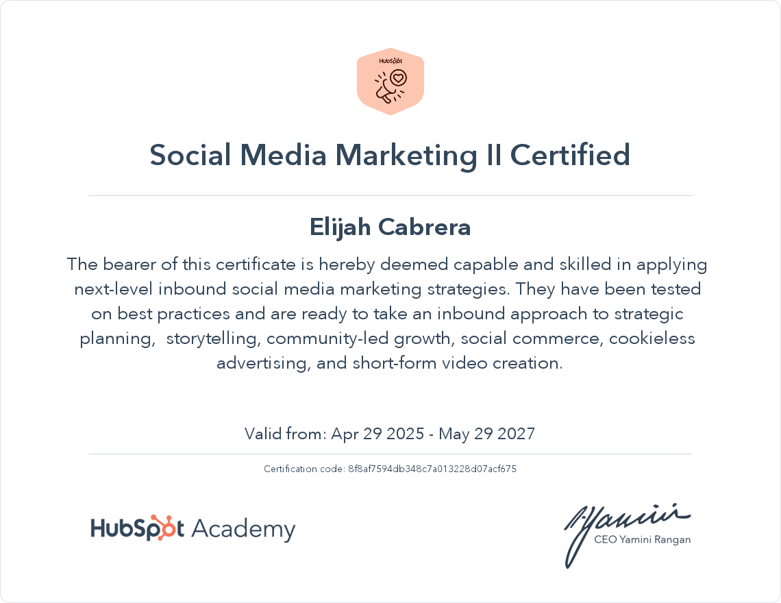HubSpot Academy Social Media Marketing Certification II Certification
