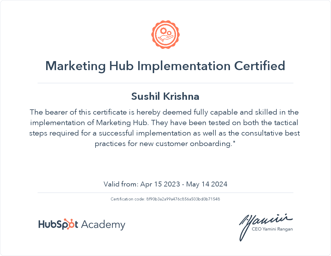 HubSpot Academy Marketing Hub Implementation Certification
