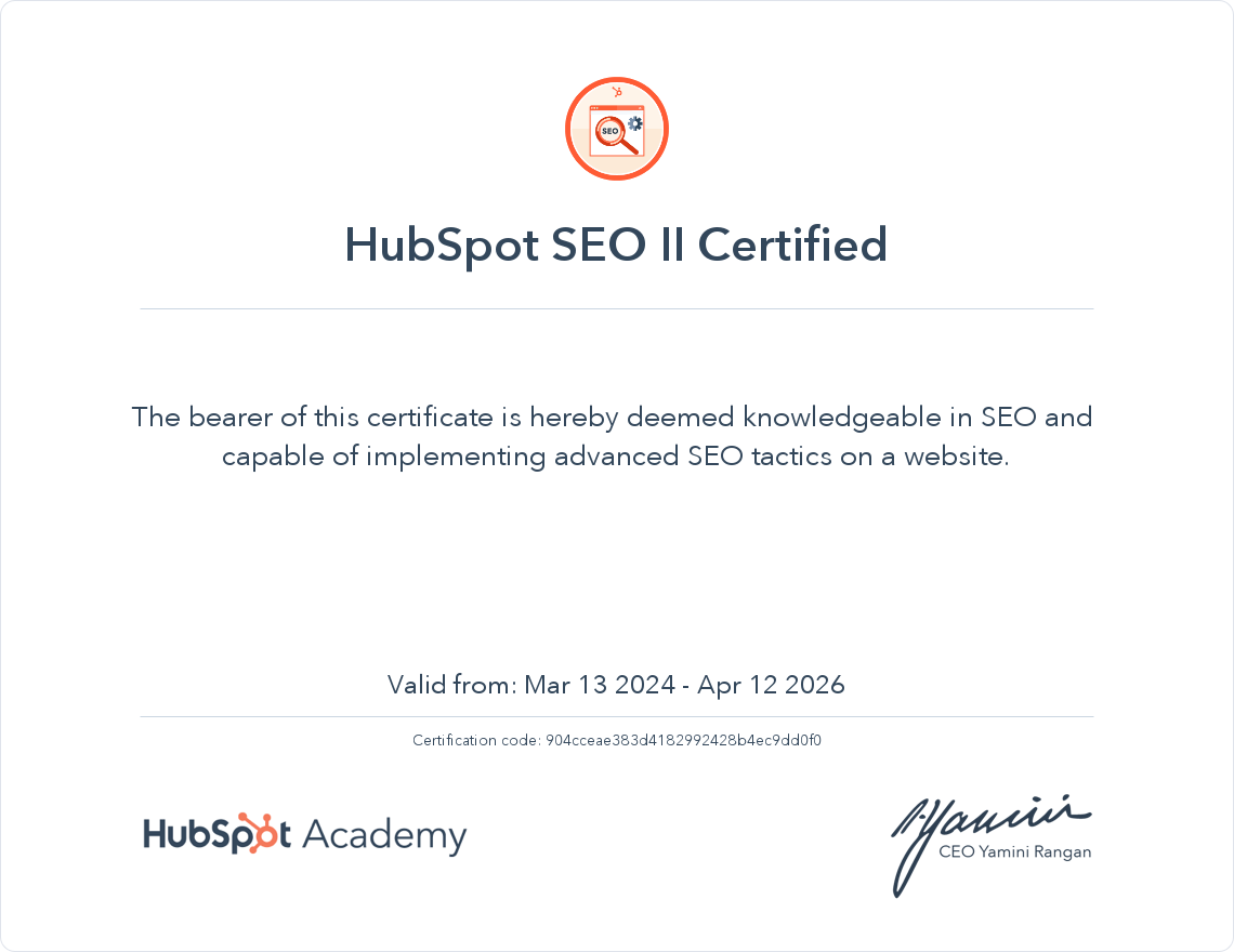 HubSpot Academy SEO II Certification