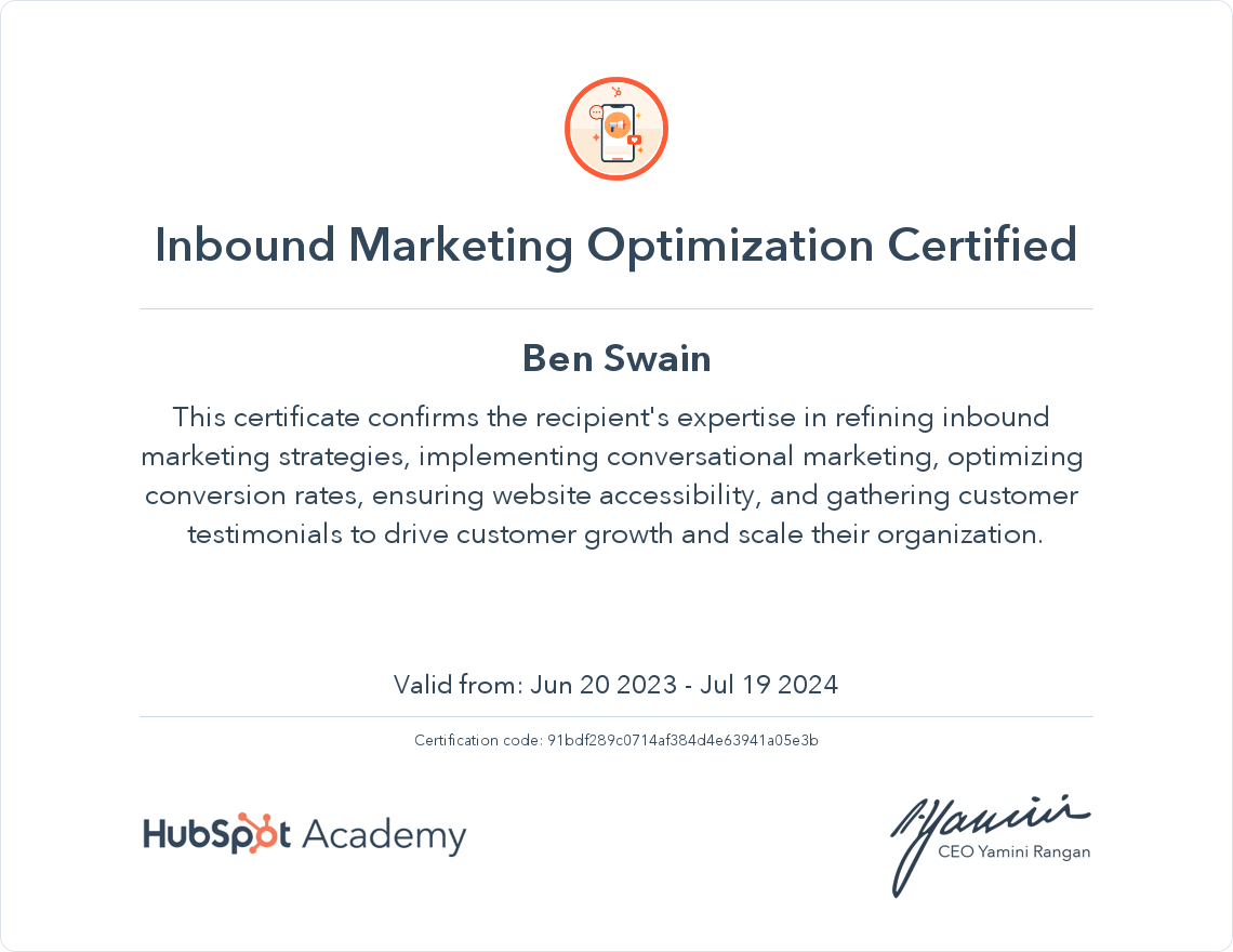 HubSpot Academy Inbound Marketing Optimization Certification