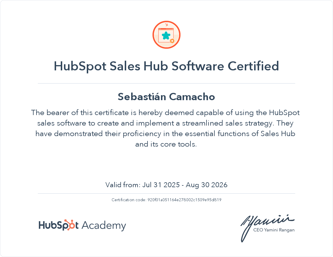 HubSpot Academy HubSpot Sales Hub Software Certification