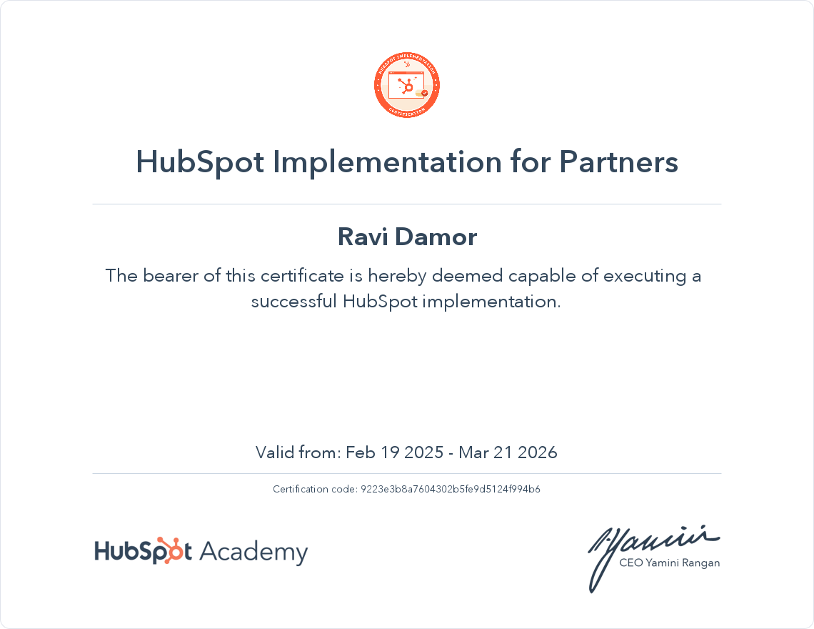 HubSpot Academy HubSpot Implementation for Partners Certification
