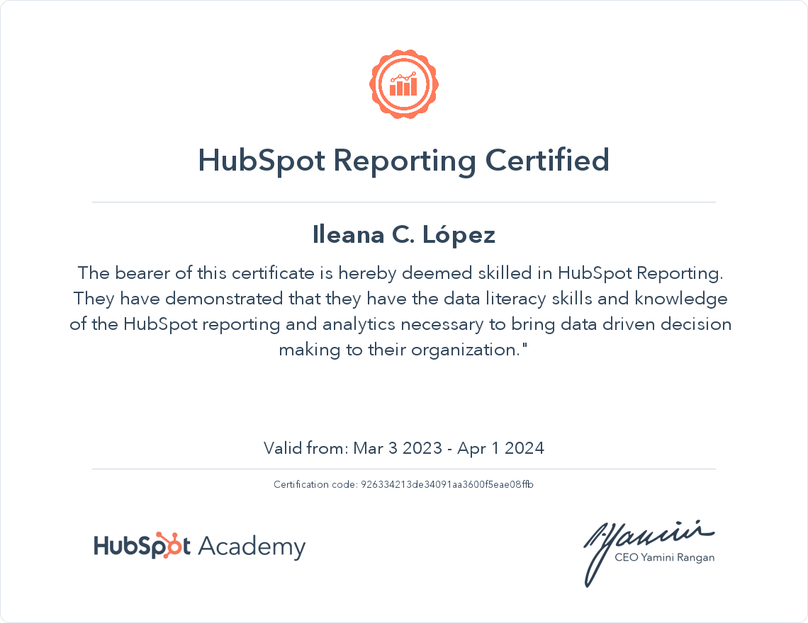 Certificación de Curso de creación de informes de HubSpot de HubSpot Academy