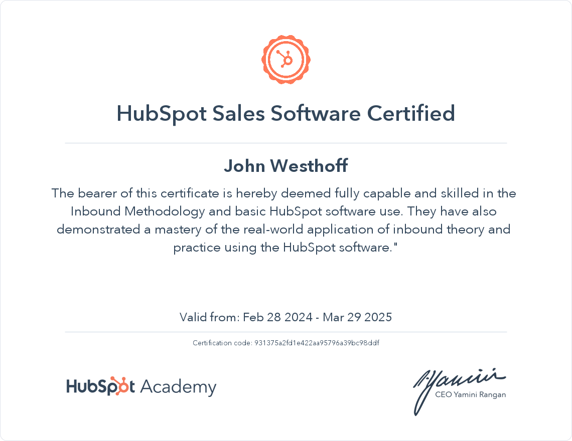 HubSpot Academy HubSpot Sales Software Certification