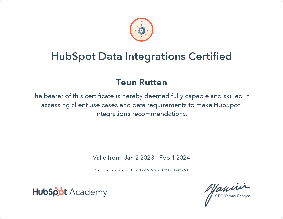 HubSpot Academy Data Integrations Certification Certification