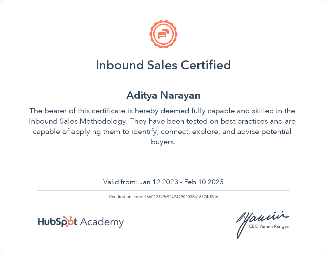 HubSpot Academy Inbound Sales Certification