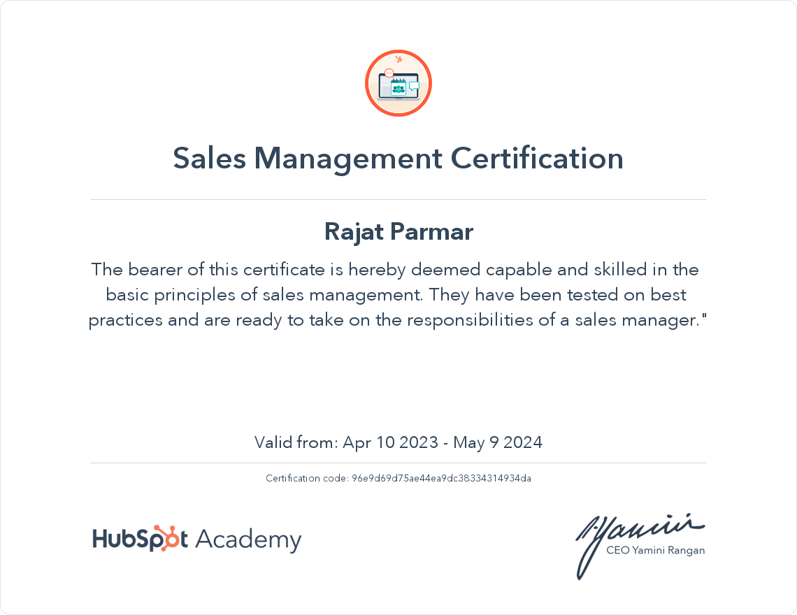 HubSpot Academy Sales Management Certification