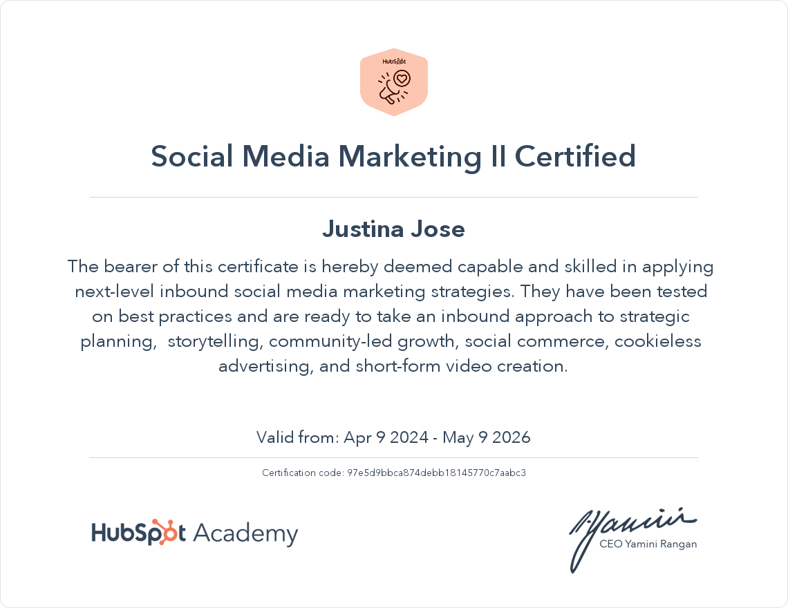 HubSpot Academy Social Media Marketing Certification II Certification