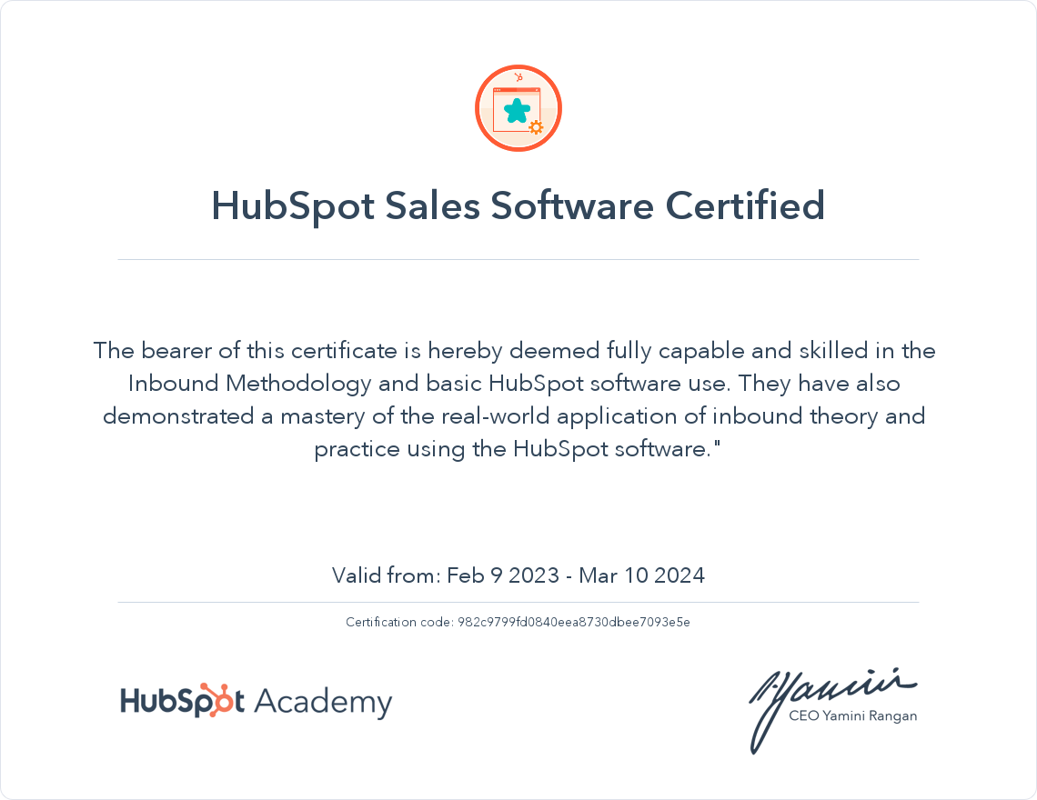 HubSpot Academy HubSpot Sales Software Certification