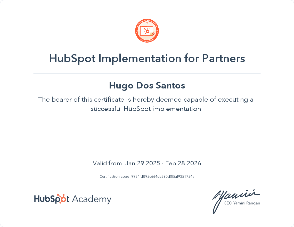 HubSpot Academy HubSpot Implementation for Partners Certification
