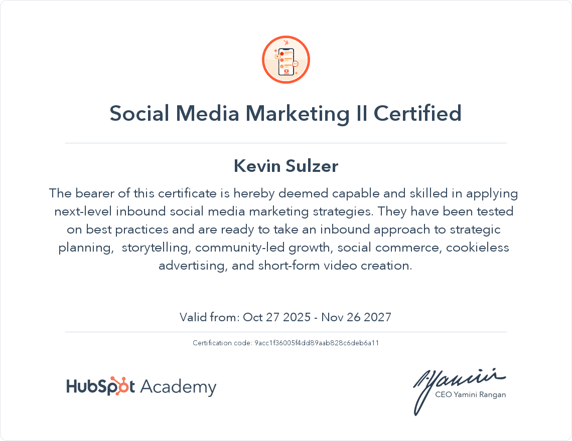 HubSpot Academy Social Media Marketing Certification II Certification