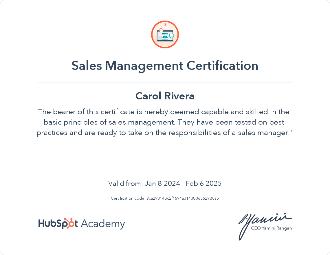 HubSpot Academy Sales Management Certification