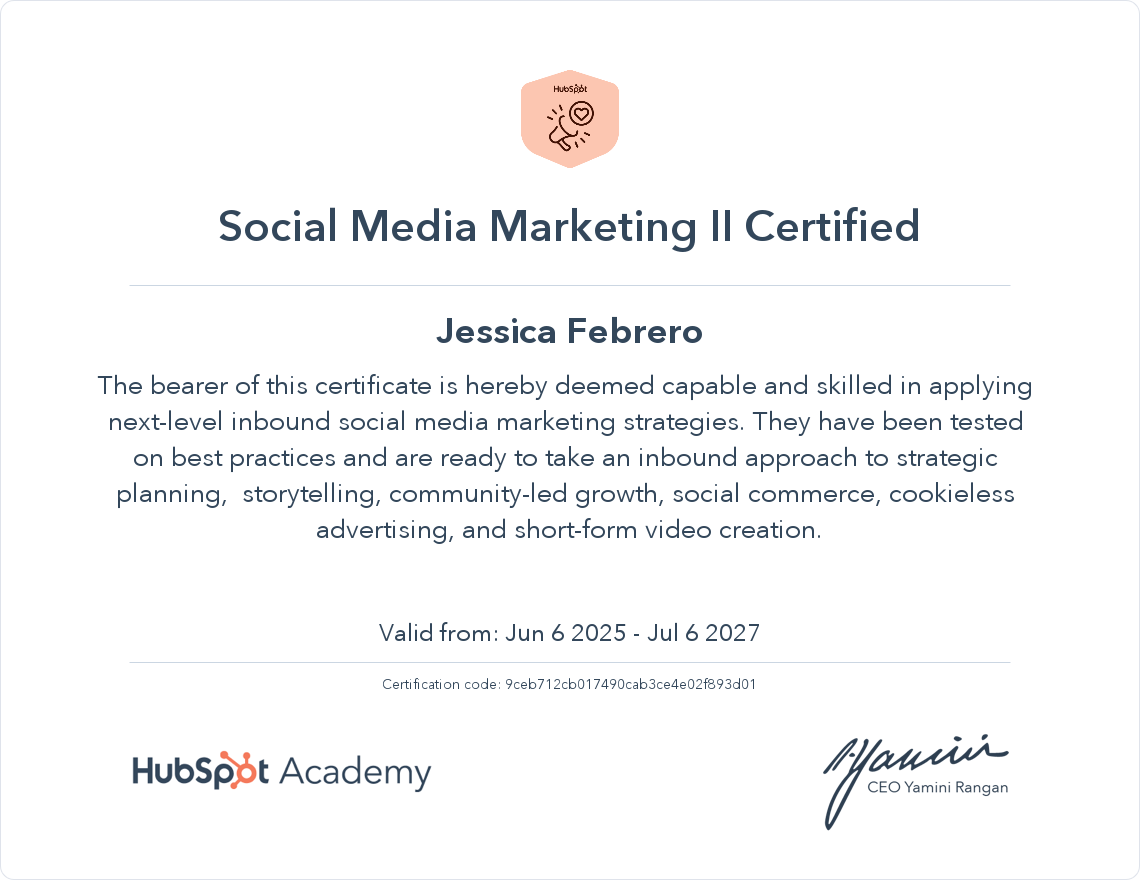 HubSpot Academy Social Media Marketing Certification II Certification