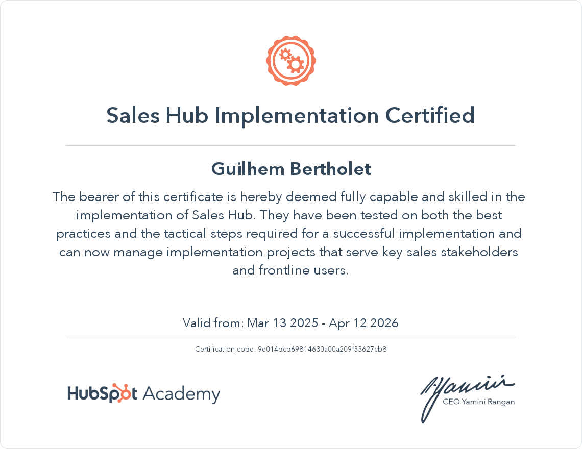 Certification Implémentation du Sales Hub de HubSpot Academy