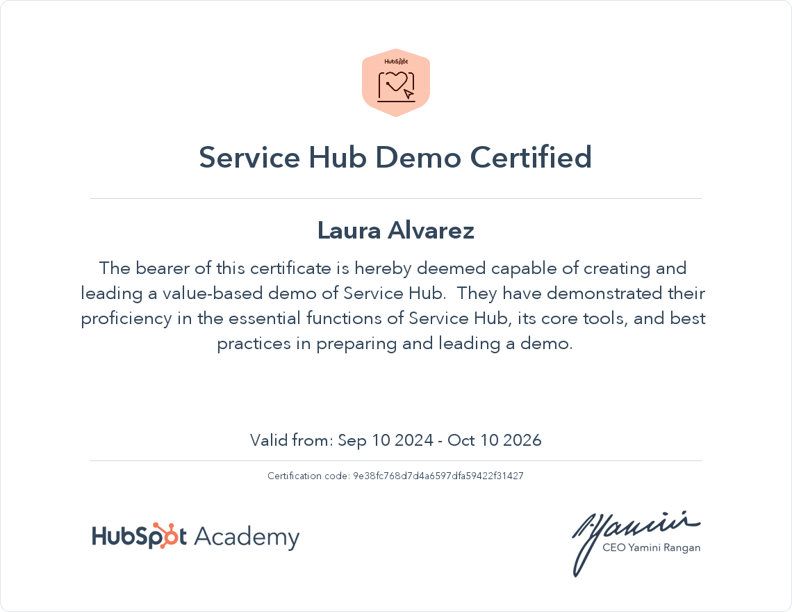 HubSpot Academy Service Hub Demo Certification Certification
