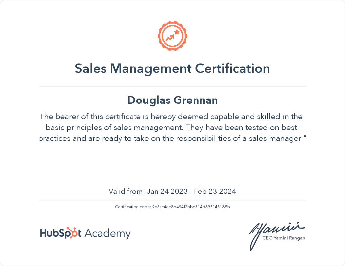 HubSpot Academy Sales Management Certification