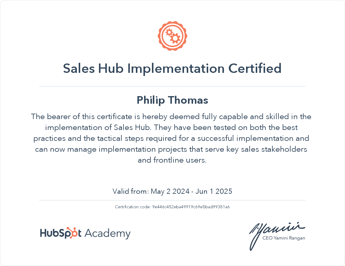 HubSpot Academy Implémentation du Sales Hub Certification