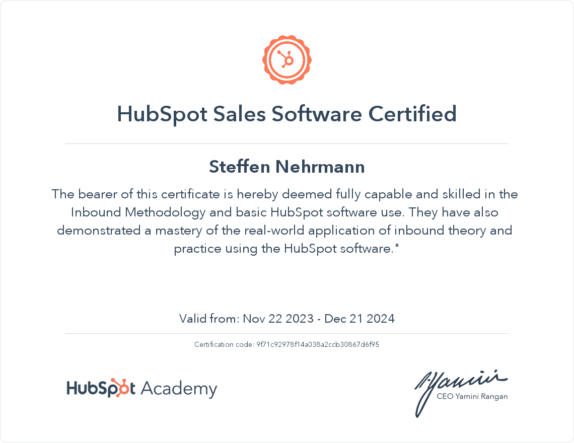 HubSpot Academy HubSpot Sales Software Certification