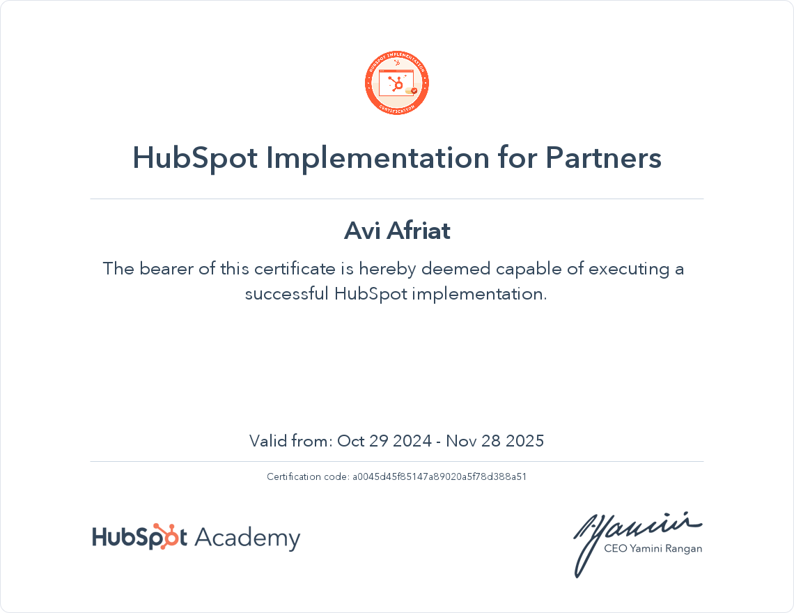 HubSpot Academy HubSpot Implementation for Partners Certification