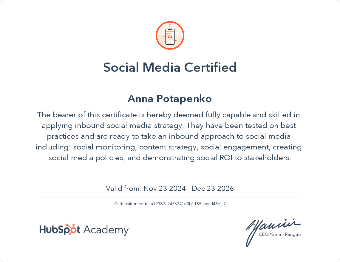 HubSpot Academy Social Media Marketing Certification