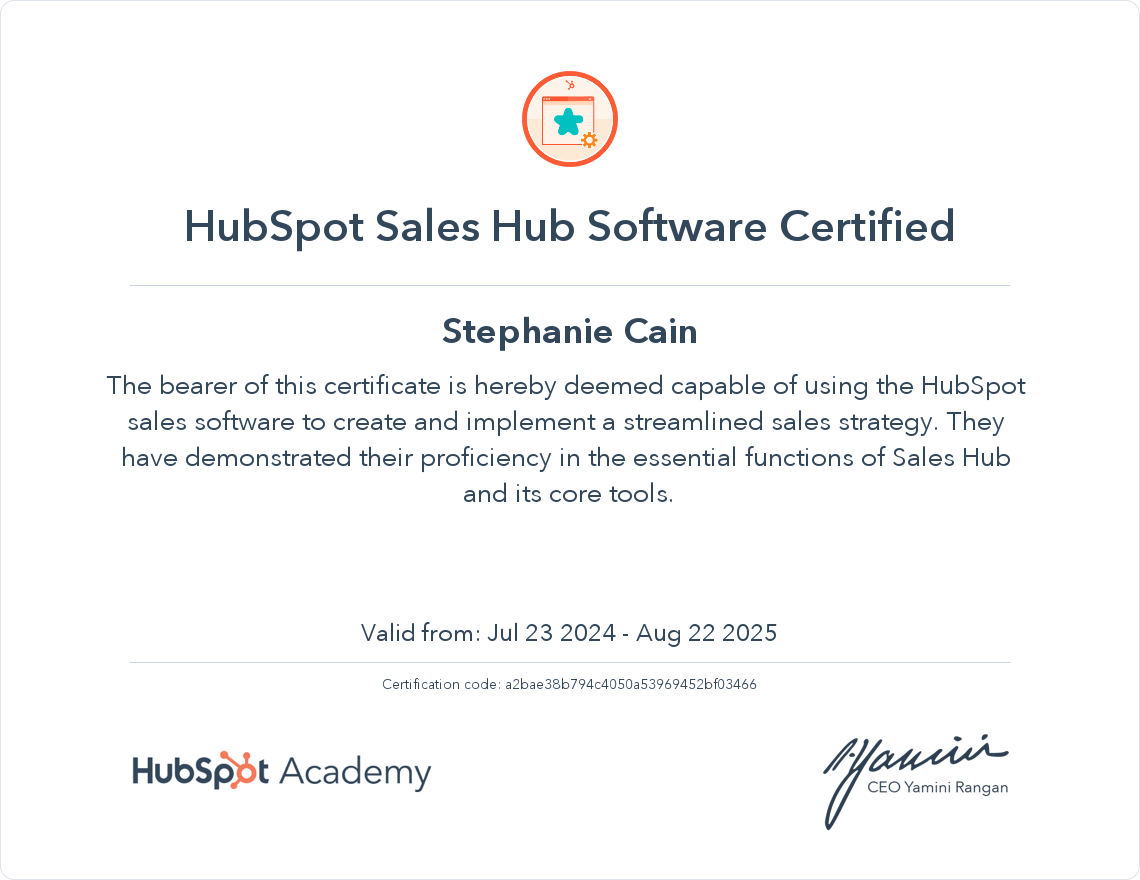 HubSpot Academy HubSpot Sales Hub Software Certification