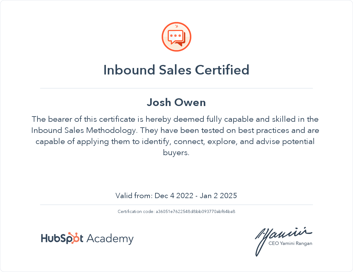 HubSpot Academy Inbound Sales Certification