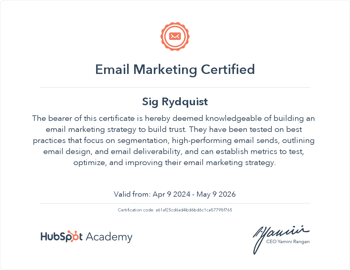 HubSpot Academy Email Marketing Certification