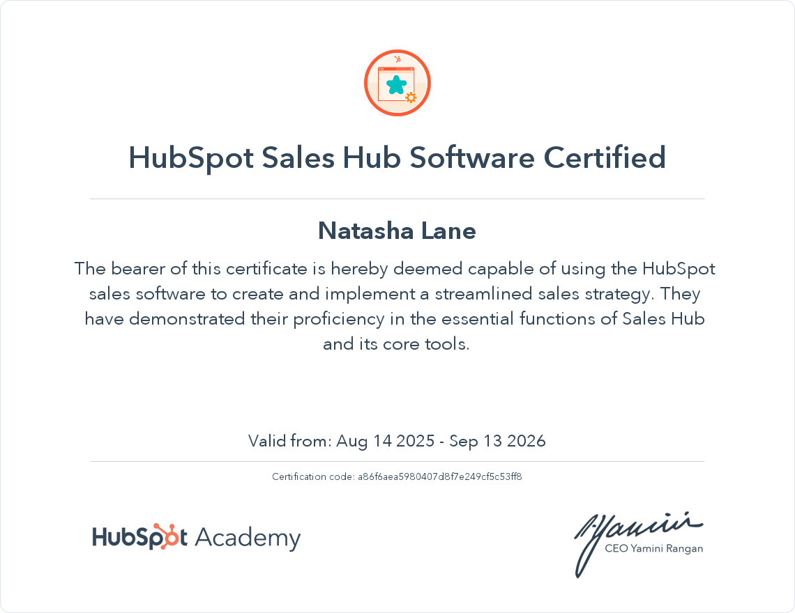 HubSpot Academy HubSpot Sales Hub Software Certification