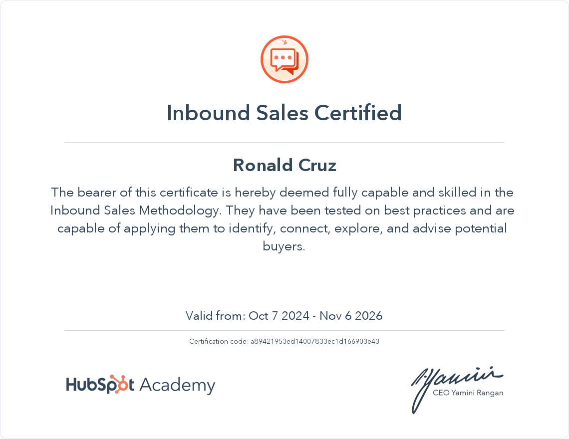 HubSpot Academy Inbound Sales Certification