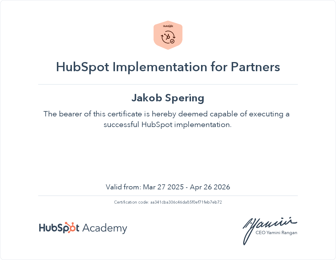 HubSpot Academy HubSpot Implementation for Partners Certification