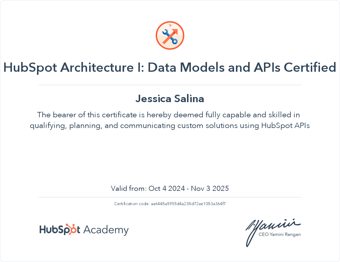 HubSpot Academy HubSpot Architecture I: Data Models and APIs Certification