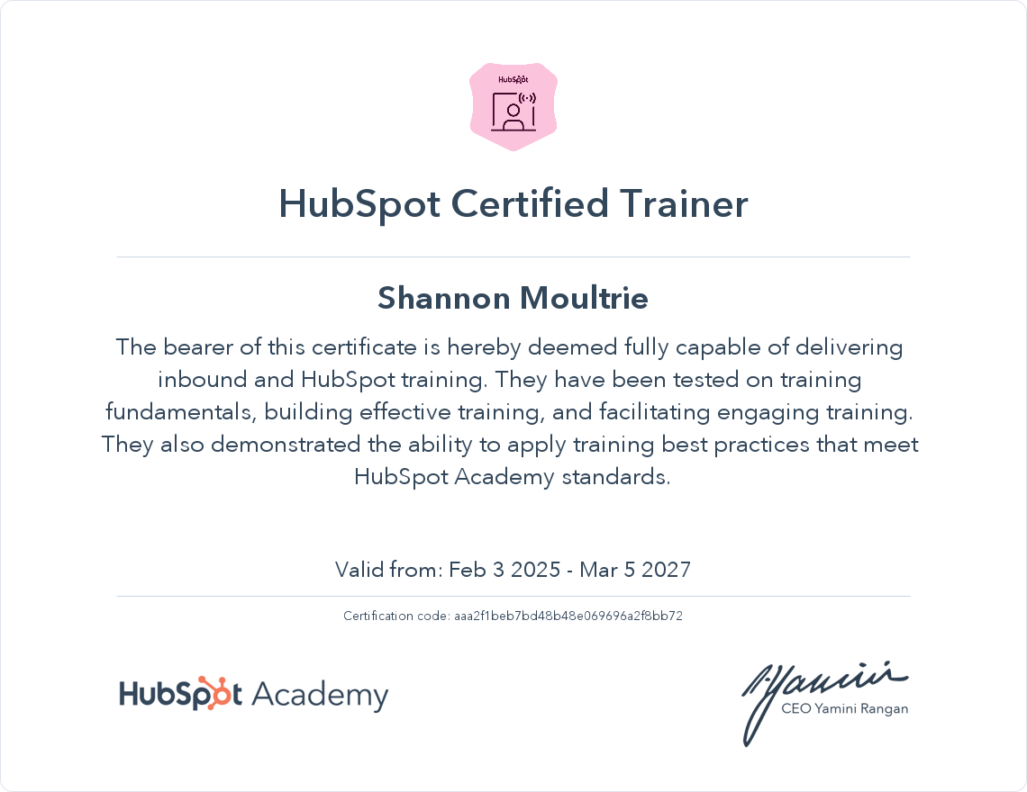 HubSpot Academy HubSpot Trainer Certification Certification