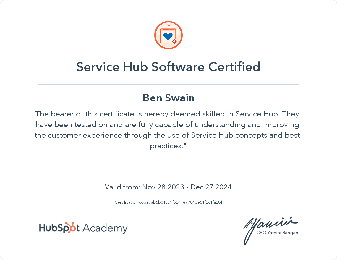 HubSpot Academy Service Hub Software Certification