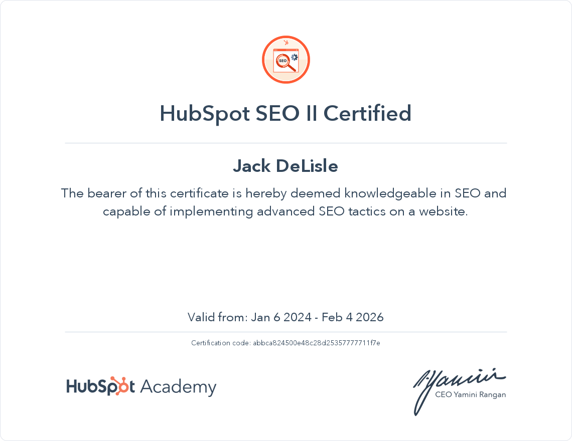 HubSpot Academy SEO II Certification