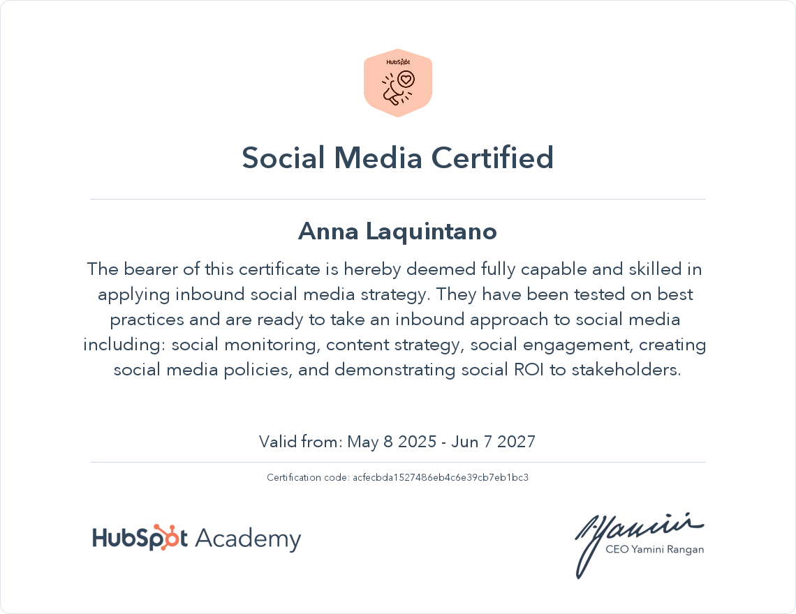 HubSpot Academy Social Media Marketing Certification