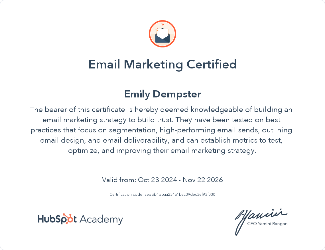 HubSpot Academy Email Marketing Certification