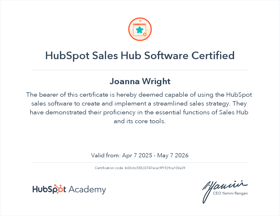 HubSpot Academy HubSpot Sales Hub Software Certification