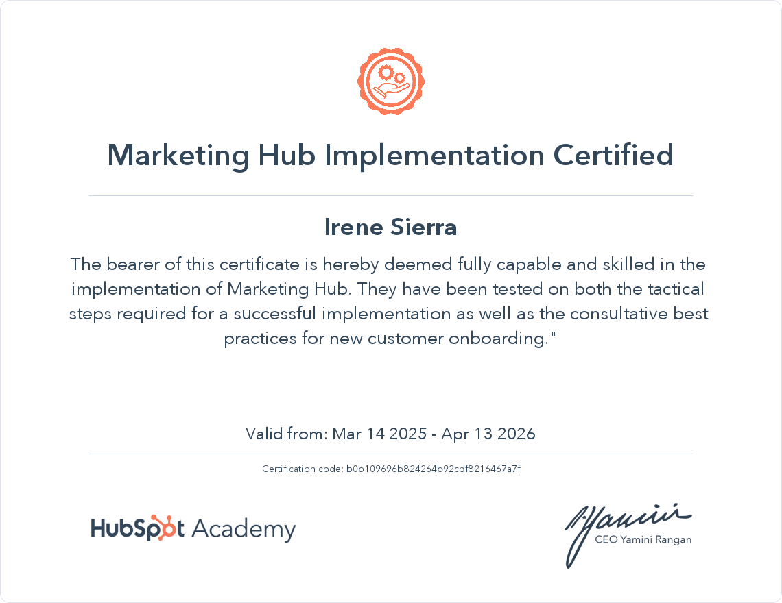 HubSpot Academy Implémentation du Marketing Hub Certification