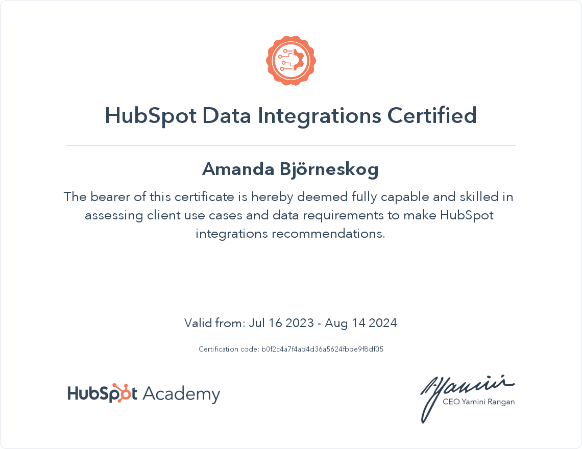 HubSpot Academy Data Integrations Certification Certification