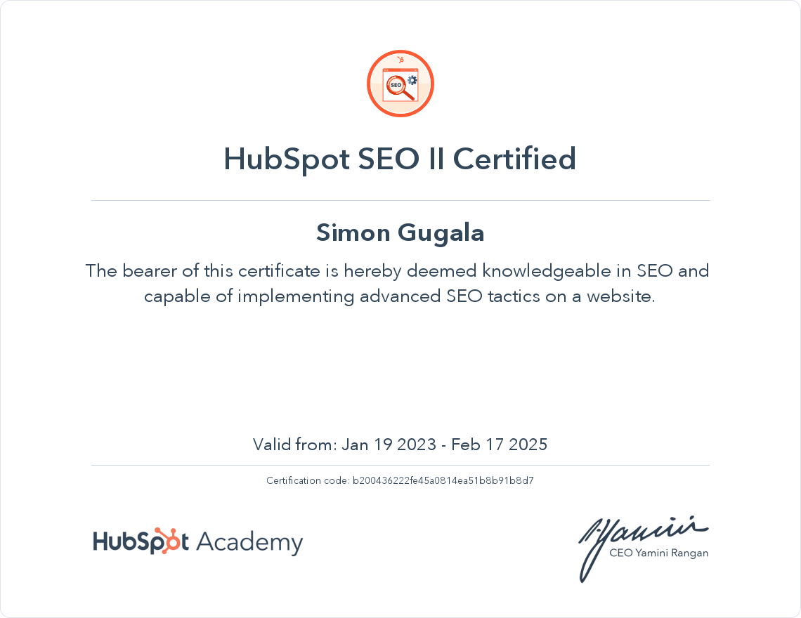 HubSpot Academy SEO II Certification
