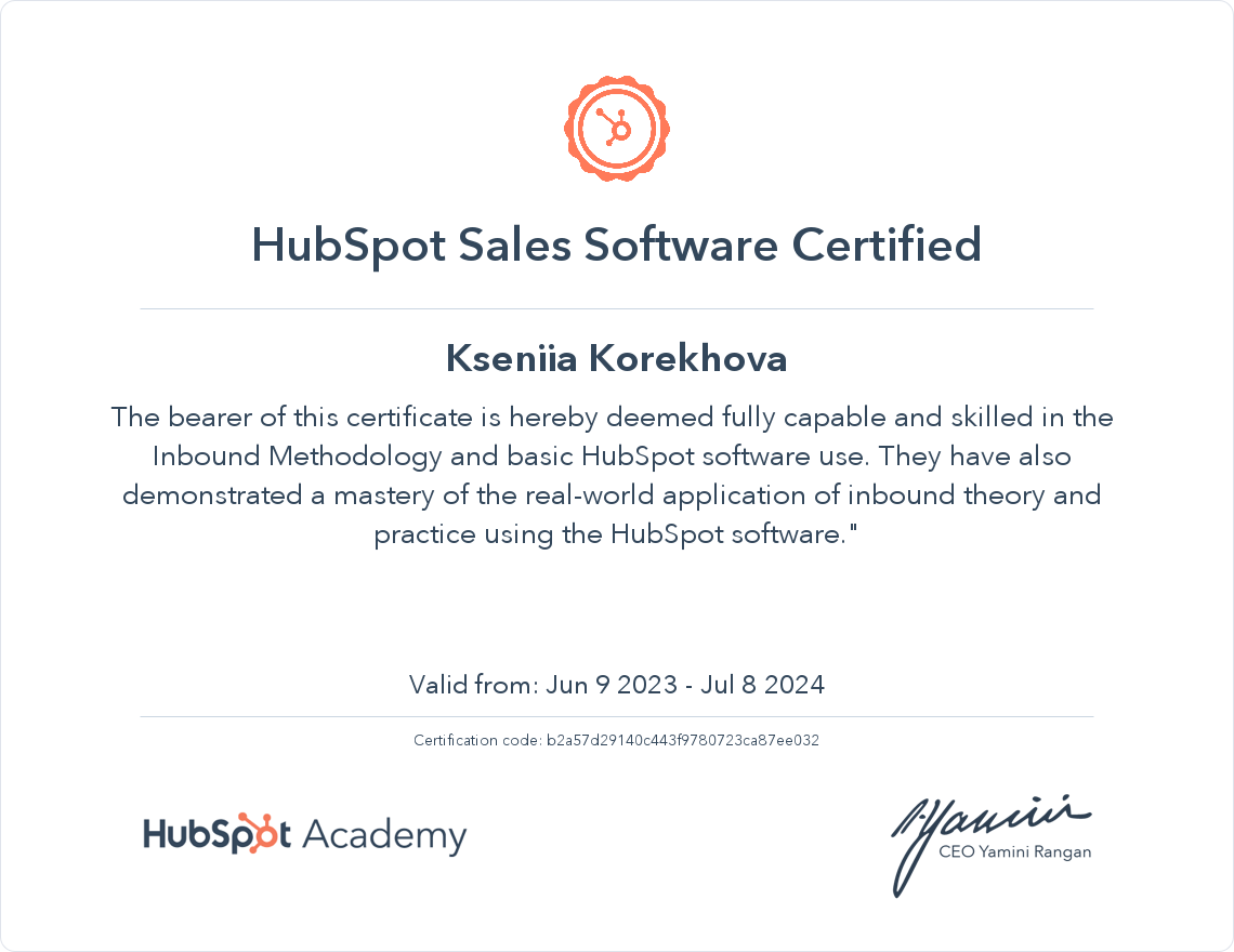 HubSpot Academy HubSpot Sales Software Certification