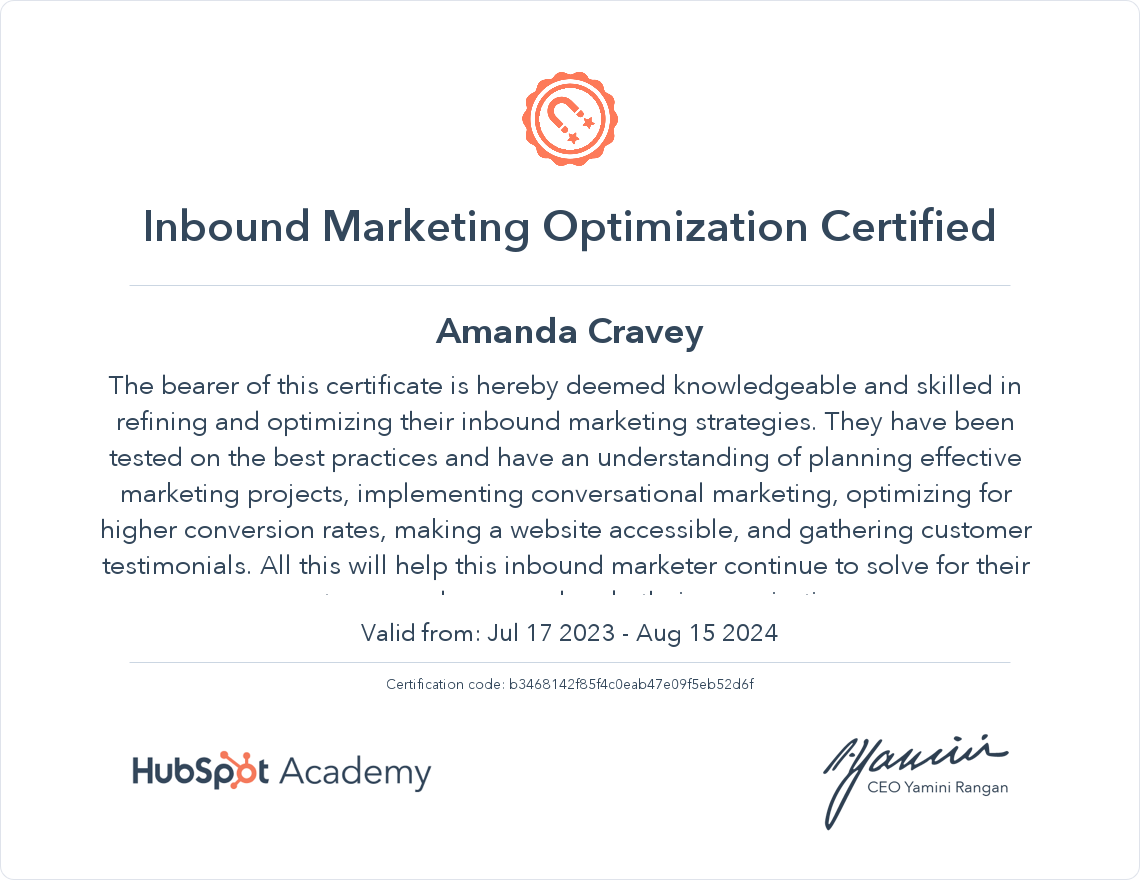 HubSpot Academy Inbound Marketing Optimization Certification