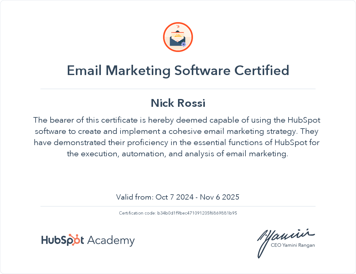 HubSpot Academy Email Marketing Software Certification