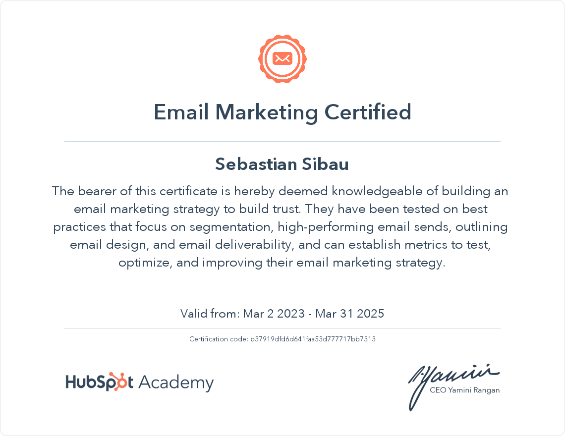 Certificazione Email Marketing 2018 di HubSpot Academy