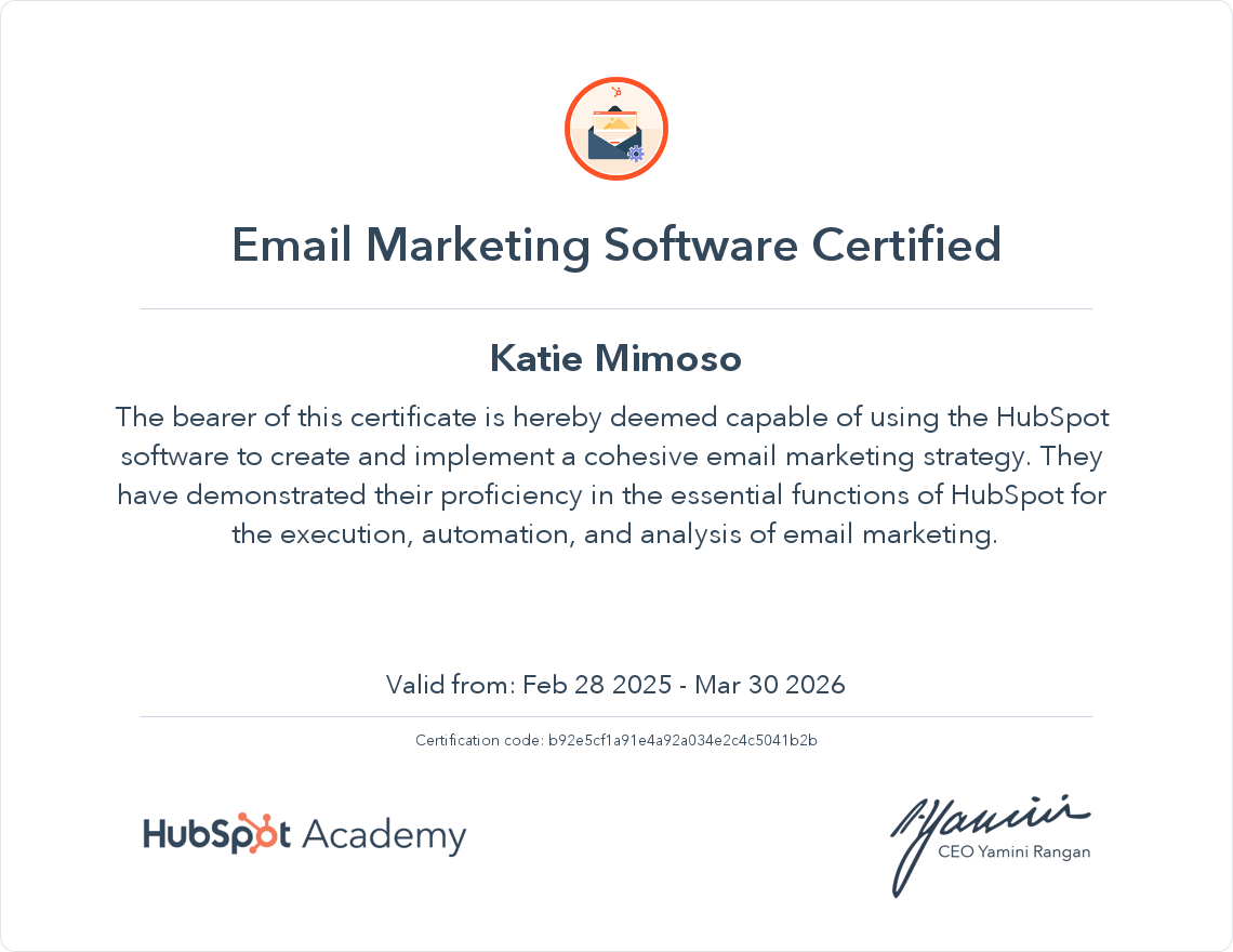 HubSpot Academy Email Marketing Software Certification