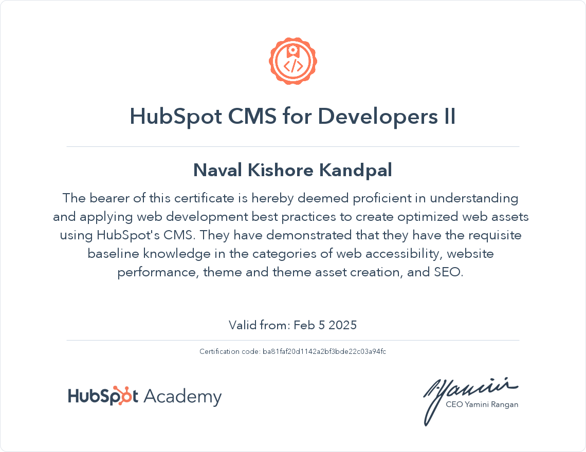 HubSpot Academy HubSpot CMS for Developers II: Best Practices Certification