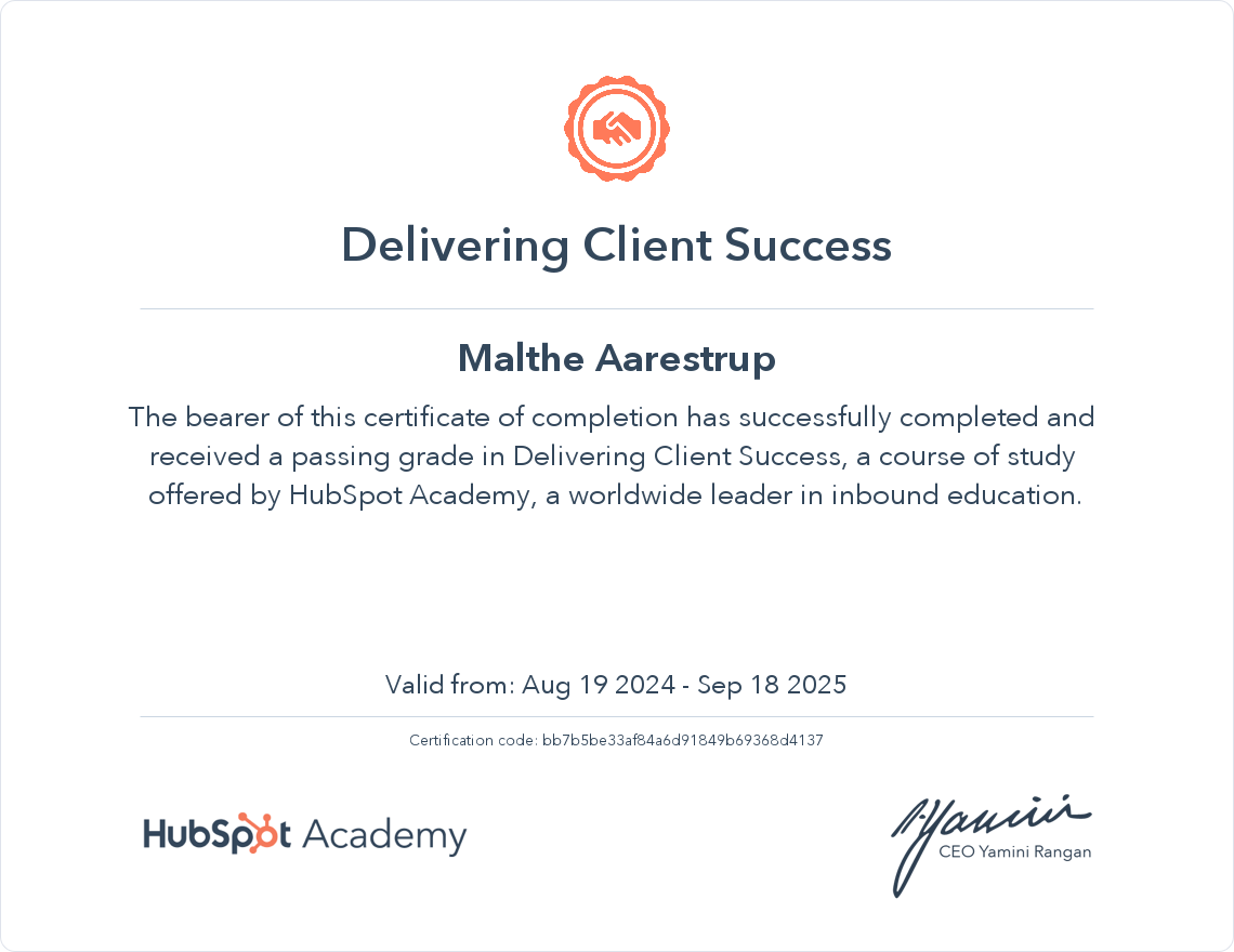 HubSpot Academy Delivering Client Success Certification